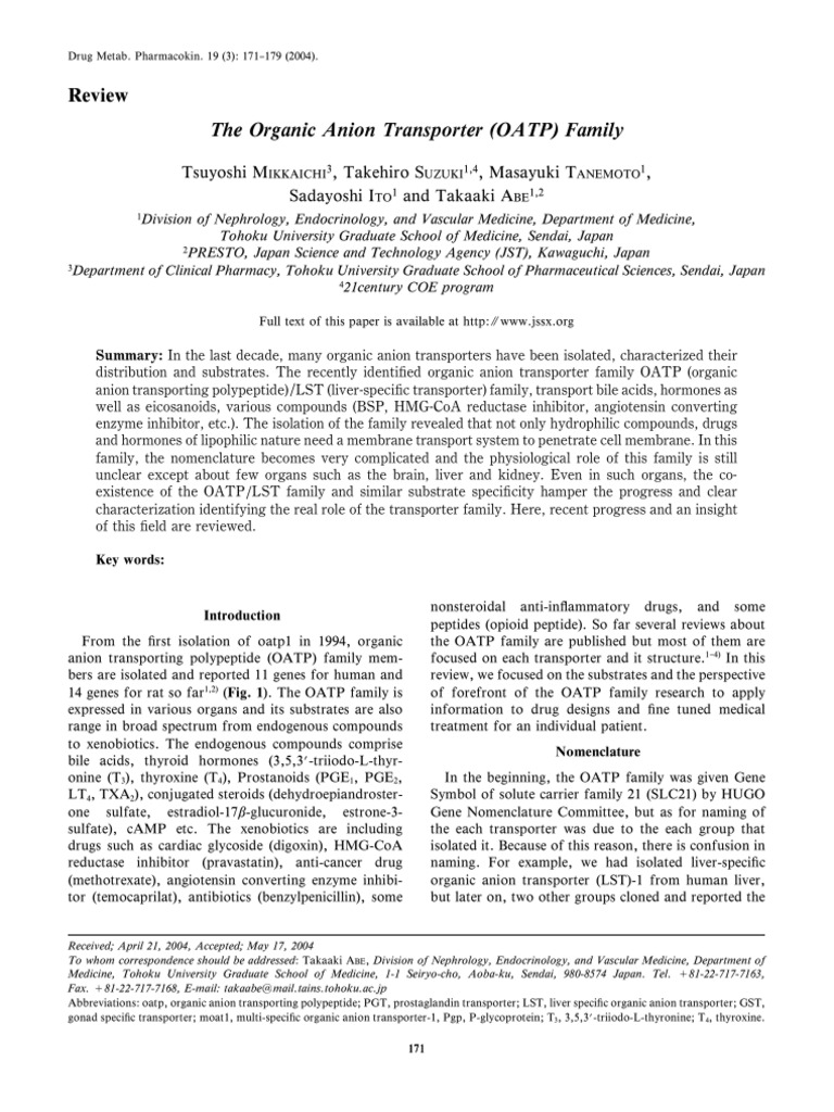 Review The Organic Anion Transporter (OATP) Family: Tsuyoshi M, Takehiro S, Masayuki T ...
