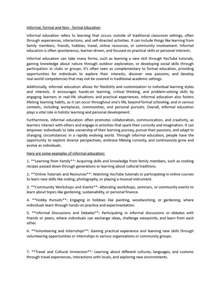 Formal - Informal and Non Formal Education | PDF