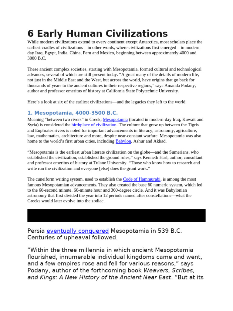 6 Early Human Civilizations | PDF