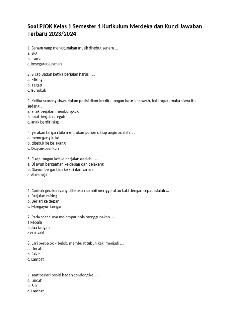 Soal PJOK Kelas 1 Semester 1 Kurikulum Merdeka Dan Kunci Jawaban Terbaru 2023 | PDF