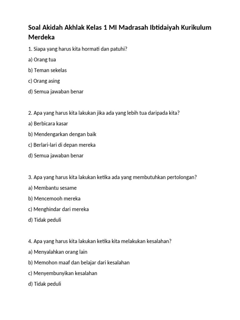 Soal Akidah Akhlak Kelas 1 MI Madrasah Ibtidaiyah Kurikulum Merdeka | PDF
