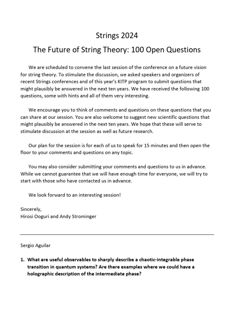 (Strings Webpage) The Future of String Theory - 100 Open Questions | PDF | String Theory ...