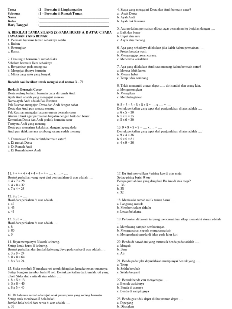 Soal Kelas 2 Tema 2 Subtema 2 | PDF