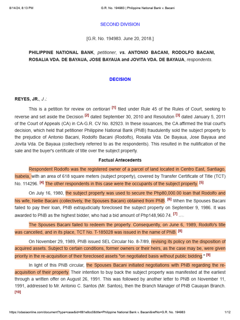 Philippine National Bank v. Bacani | PDF | Foreclosure | Common Law