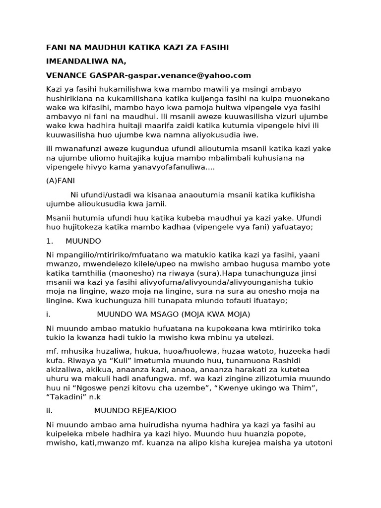 Fani Na Maudhui Katika Kazi Za Fasihi | PDF