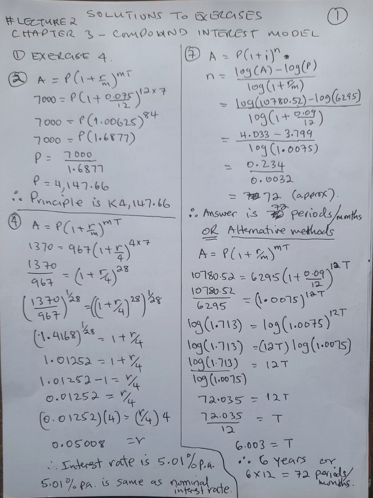 Exercises Solutions On Lecture 2 Compound Interest Model & Lecture 3 On Annuity Models | PDF