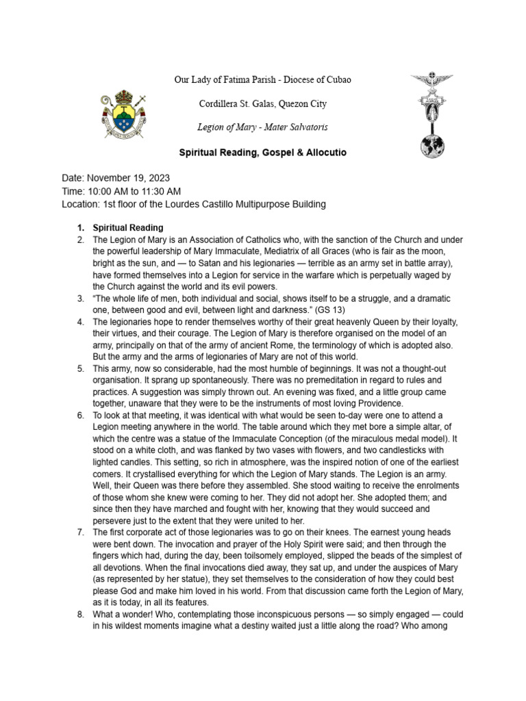 Spiritual Reading, Gospel and Allocutio - Legion of Mary | PDF