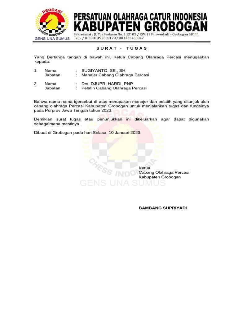 Surat Tugas Porprov Percasi | PDF