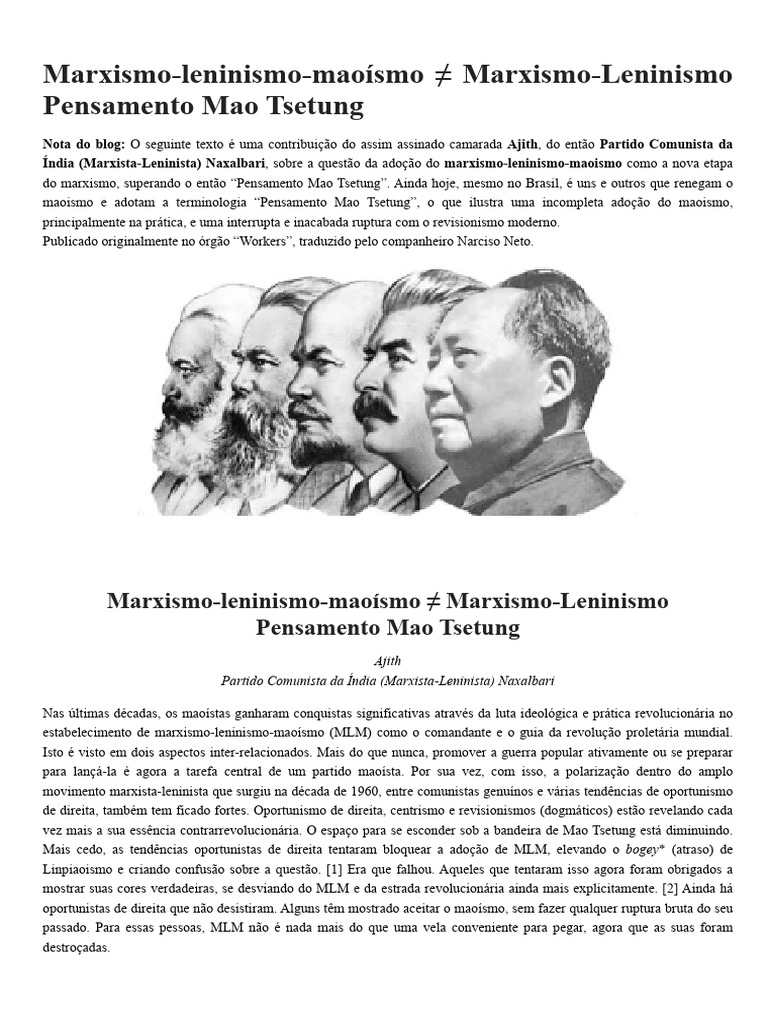 Marxismo-Leninismo-Maoísmo Marxismo-Leninismo Pensamento Mao Tsetung | PDF