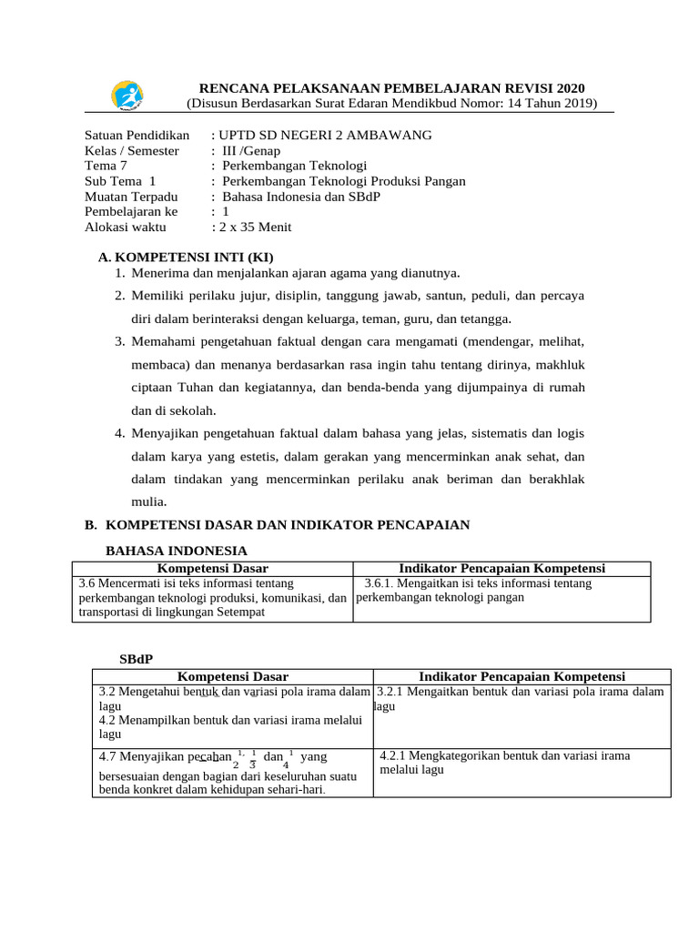 RPP Tema 7 Kelas 3 (Bahasa Indonesia & SBDP) PMM Bahrul Ilmi, S.pd. | PDF