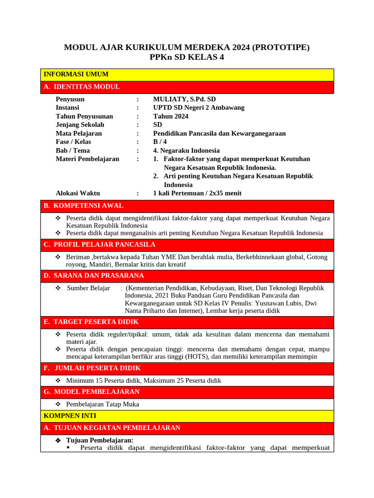 MODUL AJAR PPKN KELAS 4 PMM (MULIATY S.Pd.SD) | PDF