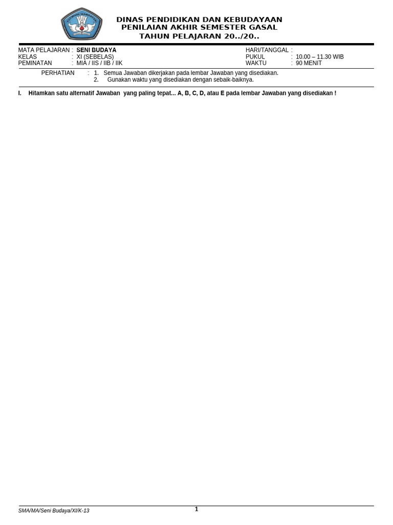 Soal PAS Seni Budaya Kelas XI K13 - WWW - Kherysuryawan.id | PDF