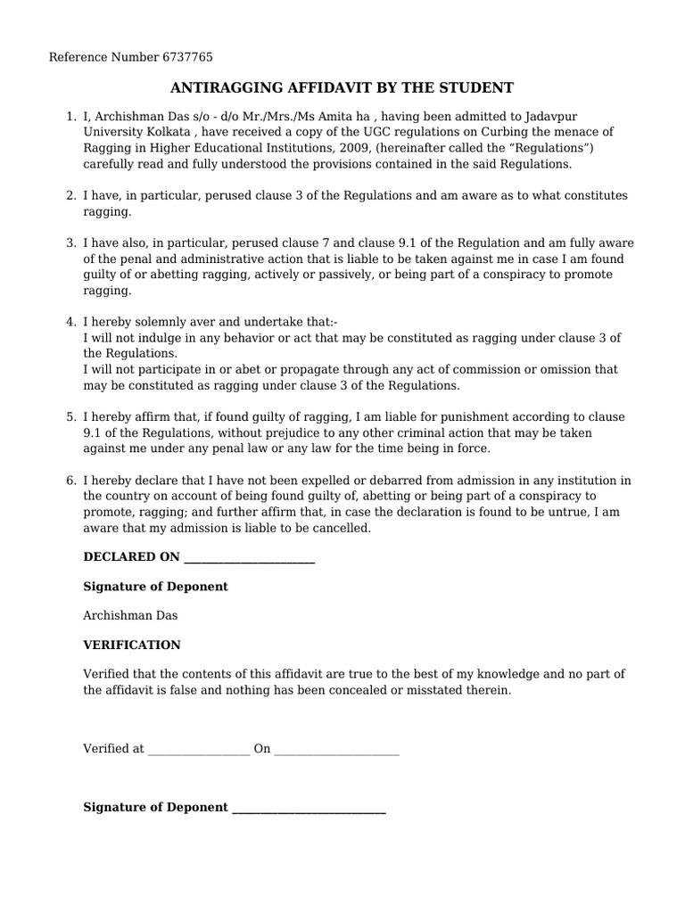 Anti Ragging Affidavit Form | PDF