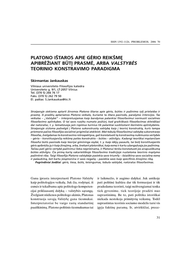 Platono Valstybės Filosofija | PDF | Cognition | Liberal Arts Education