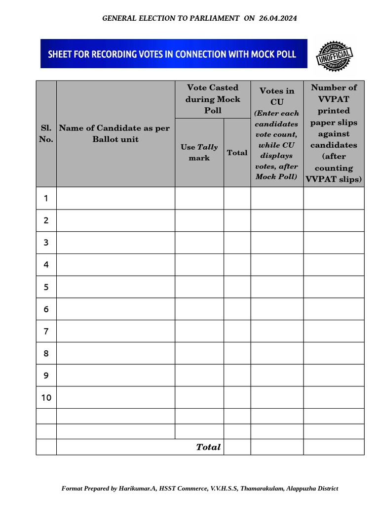 Mock Poll Record Sheet (Hsslive) | PDF