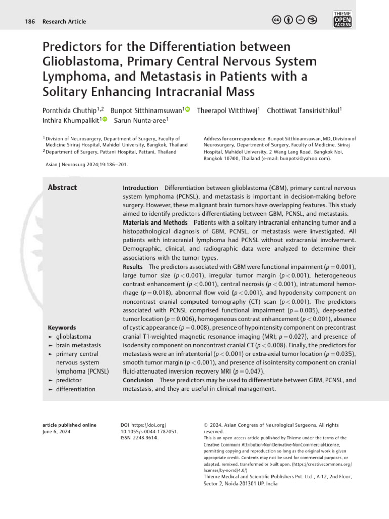 Predictor For Differentiation Between GBM, PCNSL, Metastasis | PDF
