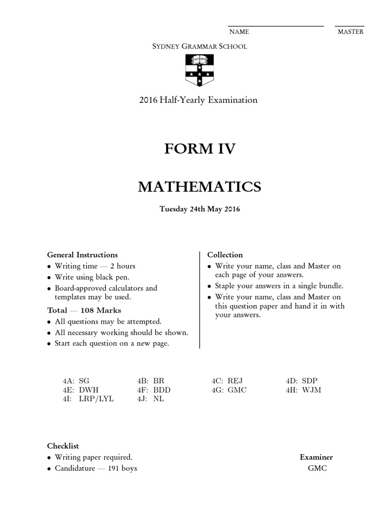 Sydney Grammar 2016 Year 10 Maths HY & Solutions | PDF