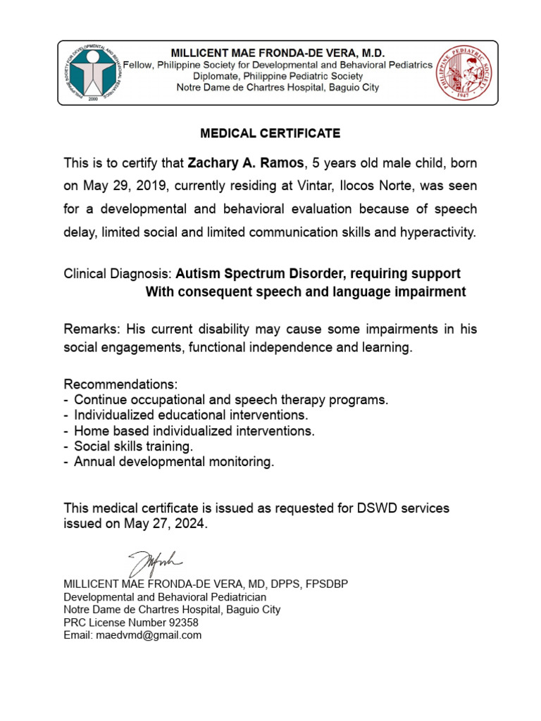 Zachary Ramos ASD Med Cert | PDF