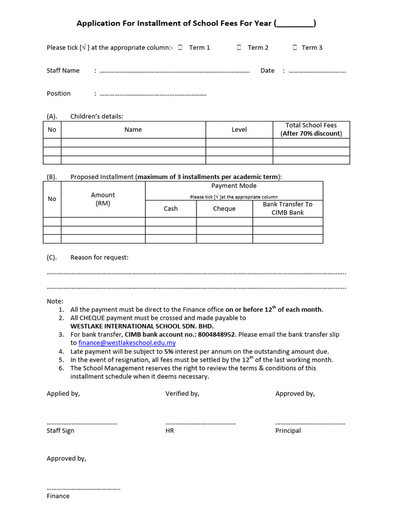 WIS-Application For Installment of School Fees Form | PDF | Finance ...