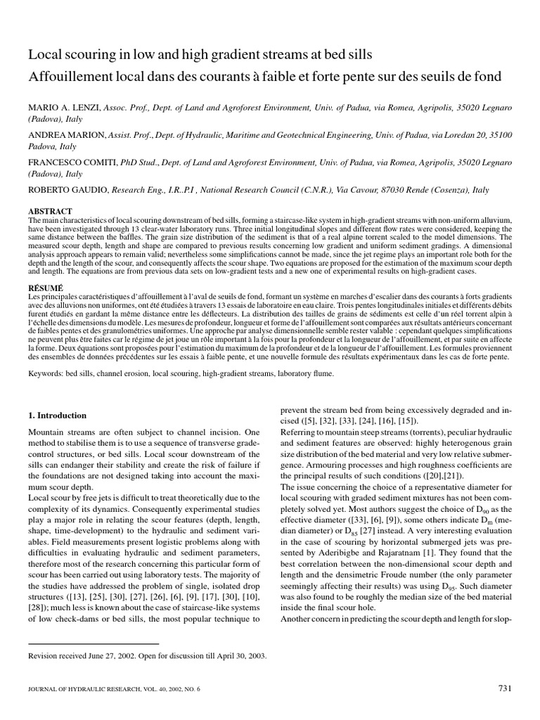 Local Scouring in Lowand High Gradient Streams at Bed Sills | PDF ...