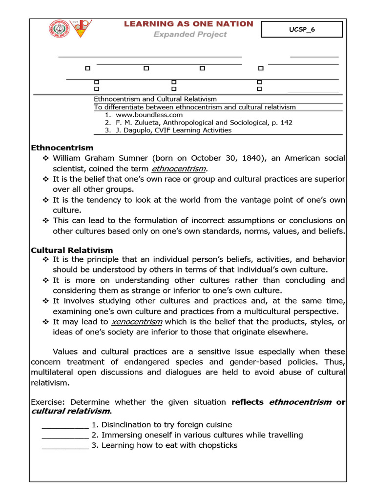 UCSP LAS 6 Enthnocentrism and Cultural Relativism | PDF | Relativism | Social Psychology
