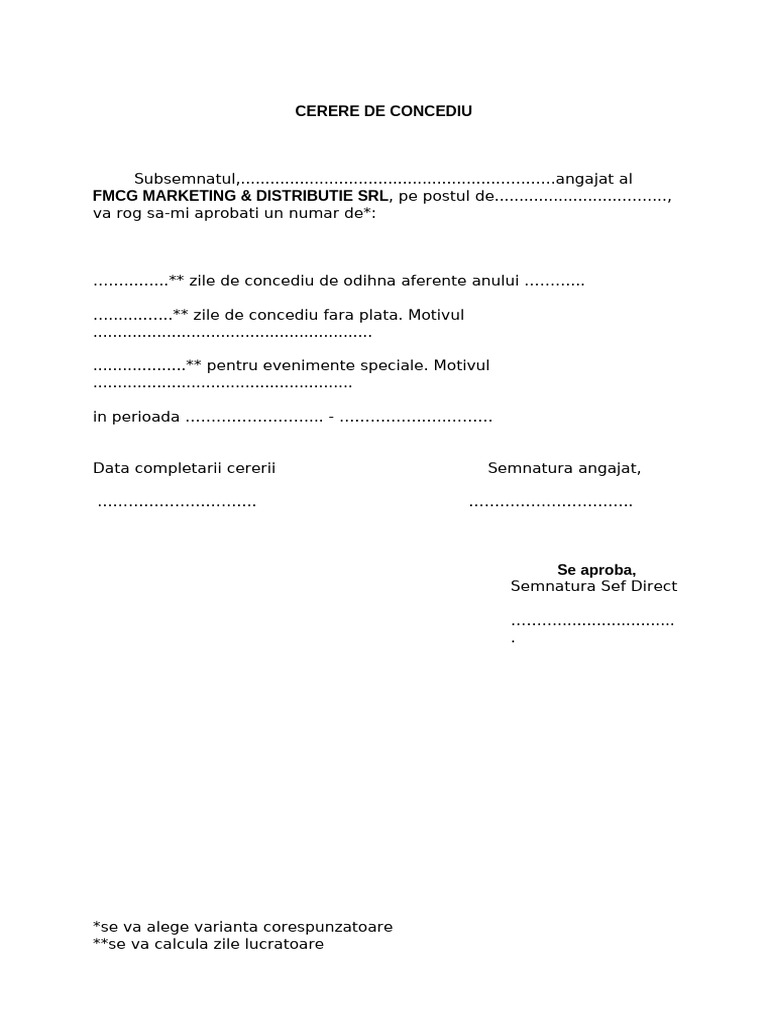 Cerere Blank Individuala de Concediu - CIM - FMCG Marketing&Distributie ...