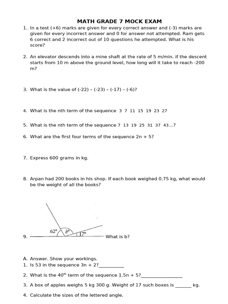 Grade 7 Math MOCK EXAM MID TEST 1 | PDF