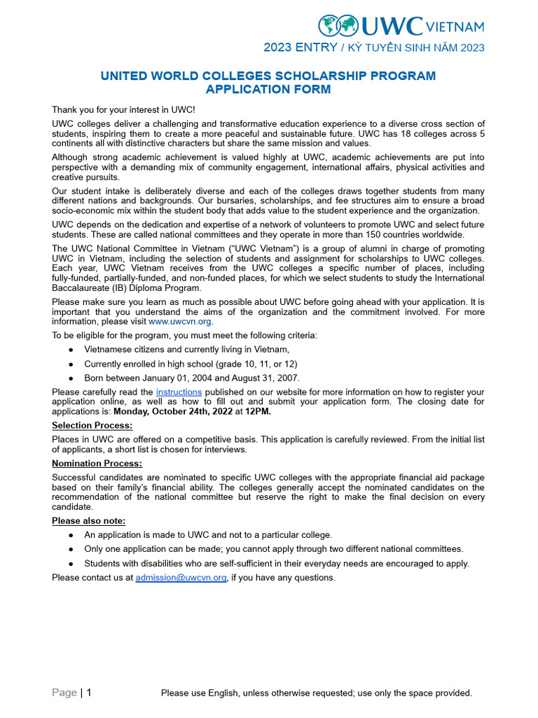 2023 UWC Vietnam Application Form | PDF
