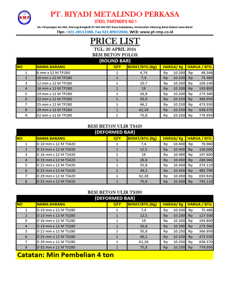 PRICE LIST BESI BETON 20 April 2024 | PDF
