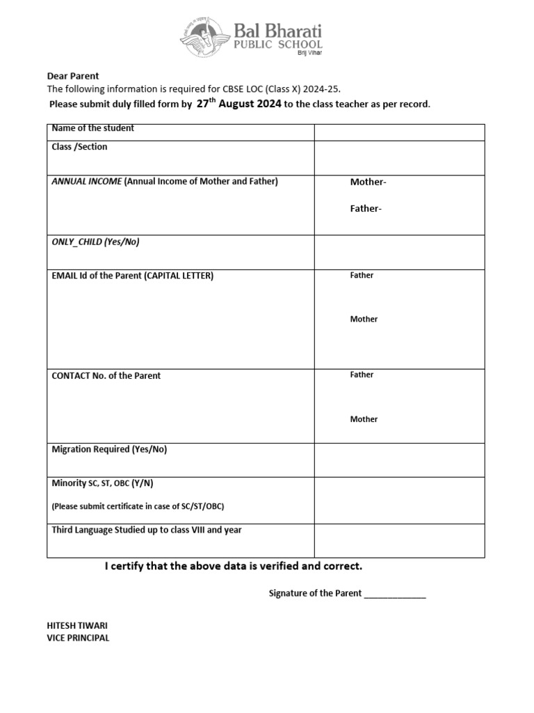 CBSE LOC Form Submission Guidelines 2024-25 | PDF