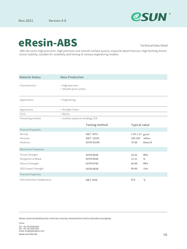 eSUN eResin-ABS-Resin TDS V4.0 | PDF