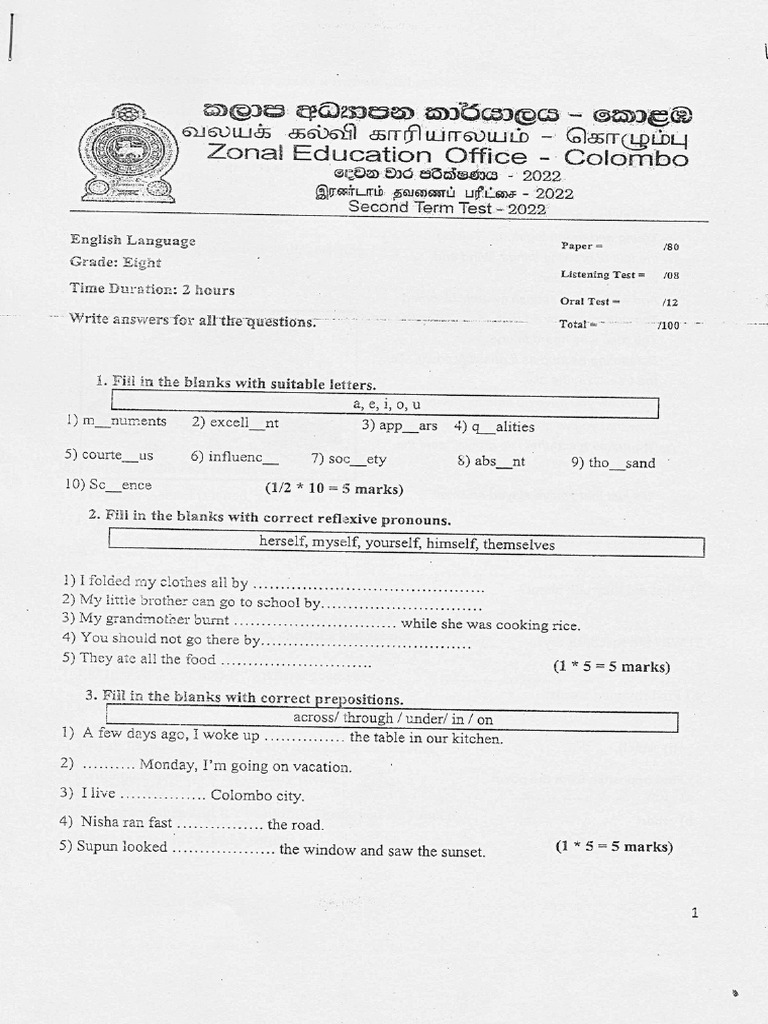 Grade 8 English - Mock Examination | PDF