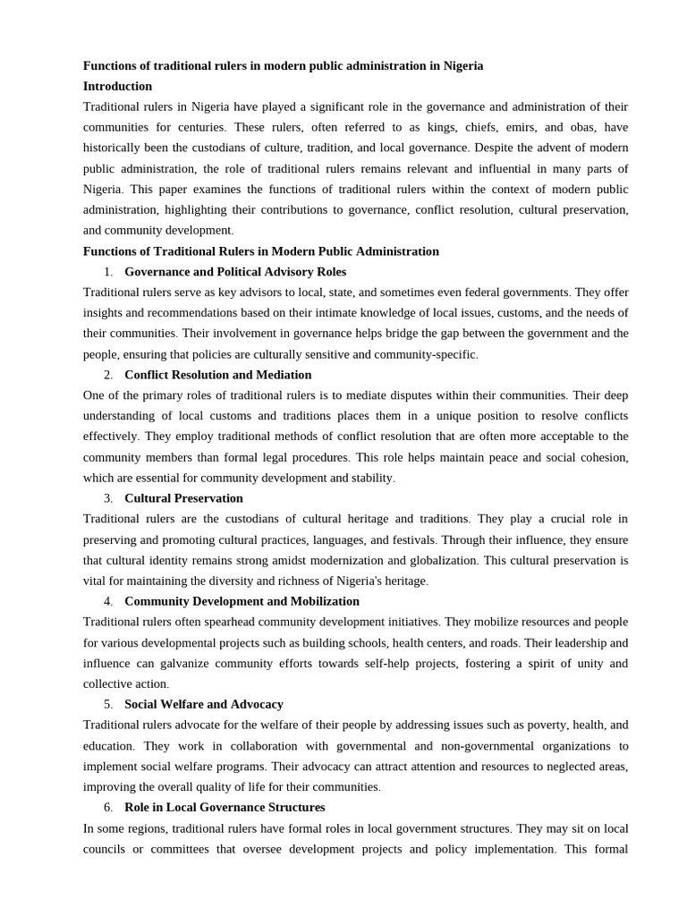 Roles of Traditional Rulers in Nigeria | PDF | Governance | Nigeria