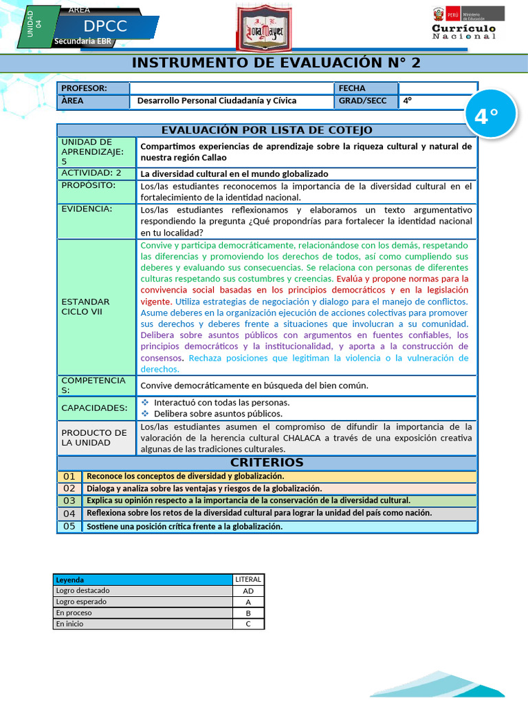 Instrumento de Evaluacion Actividad 2 DPCC Cuarto | PDF | Evaluación | Democracia