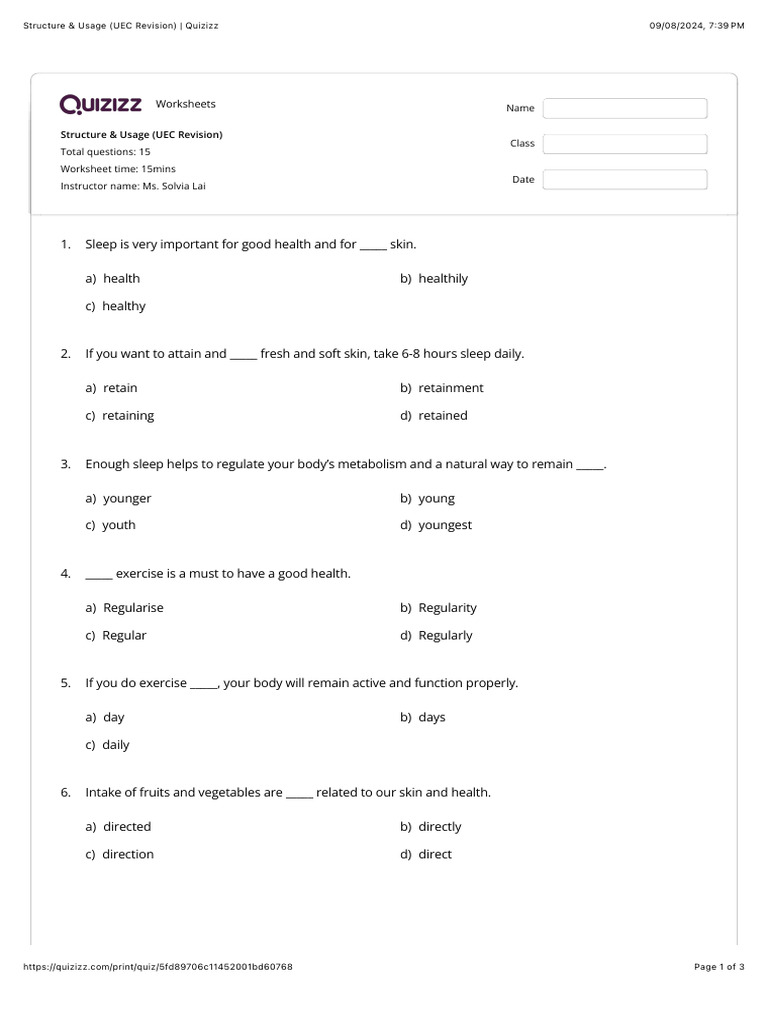 Structure & Usage (UEC Revision) - Quizizz | PDF