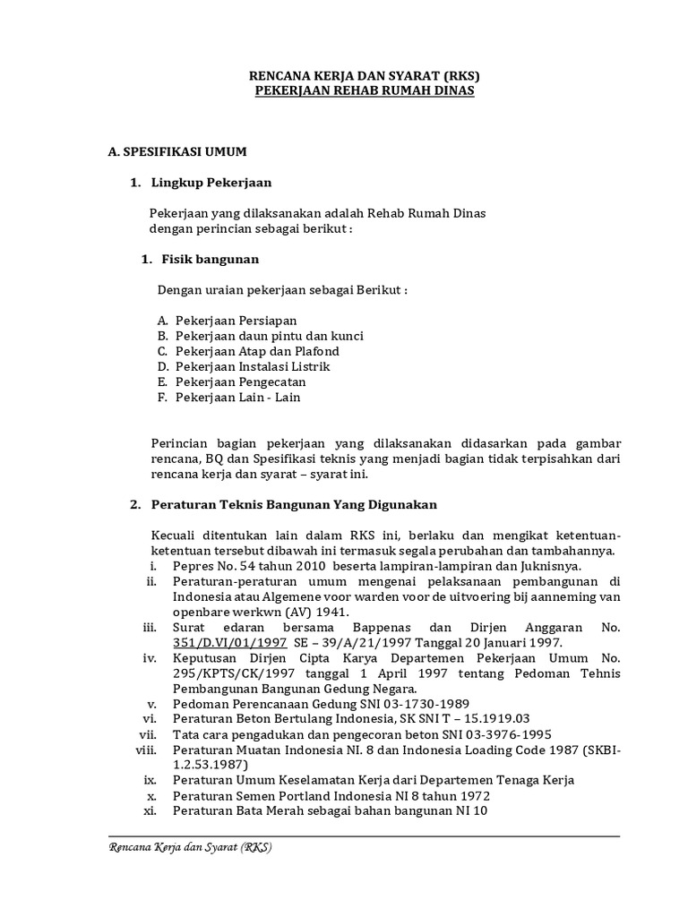 Rencana Kerja Dan Syarat (RKS) Pekerjaan Rehab Rumah Dinas | PDF