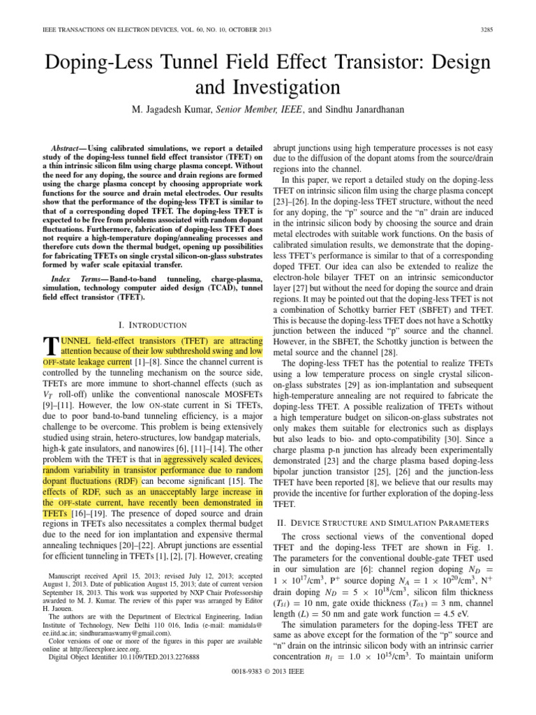Doping Less Tunnel Field Efffect | PDF