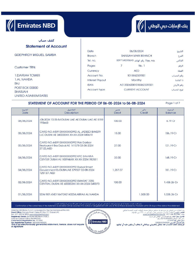 Goephroy Miguel Samba Enbd Bank Statment | PDF