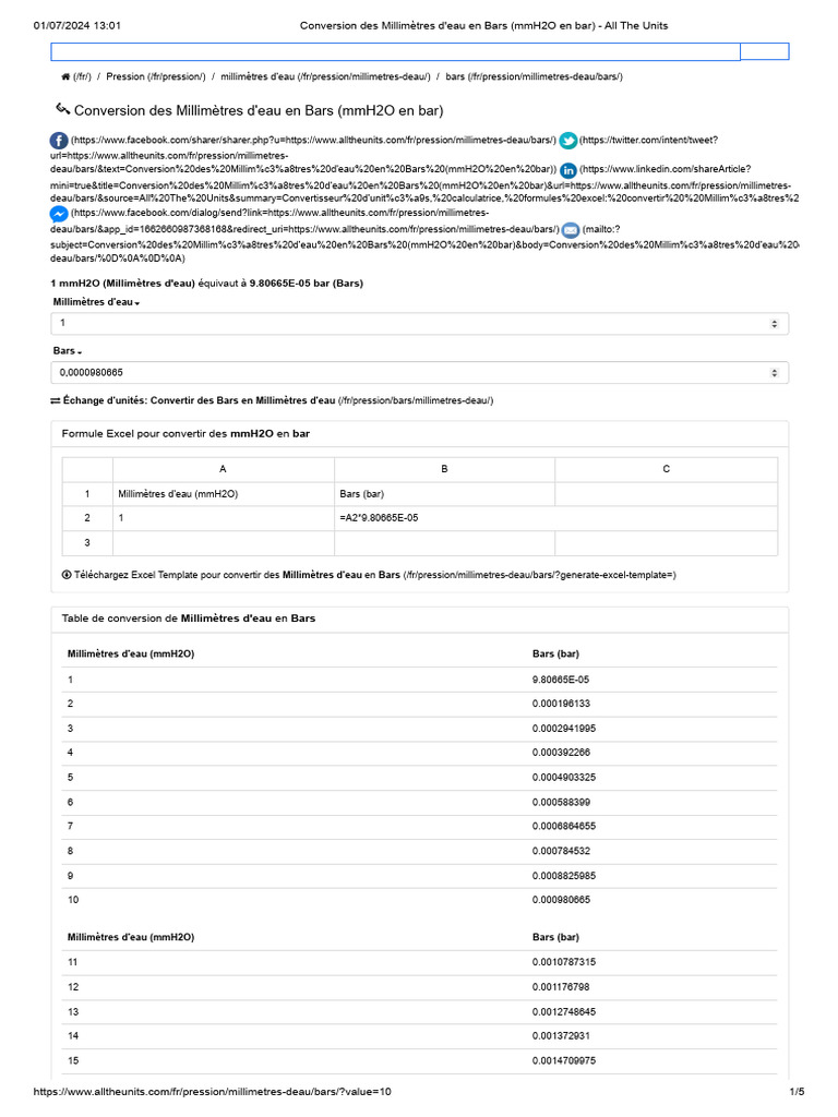 Conversion Des Millimètres D'eau en Bars (mmH2O en Bar) - All The Units ...