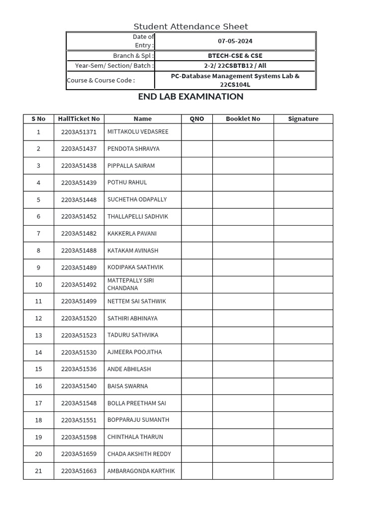 End Lab Examination: Student Attendance Sheet | PDF