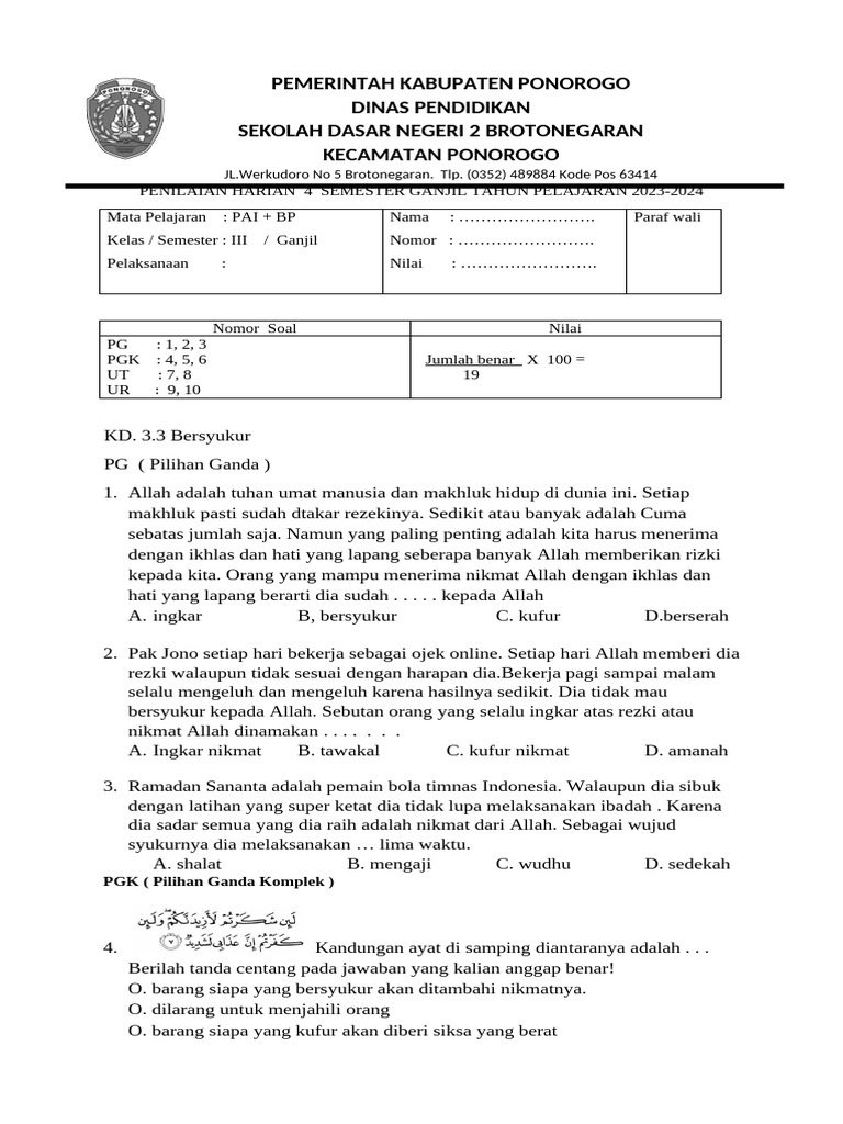Soal ph4 PAI Kls 3 2023 | PDF