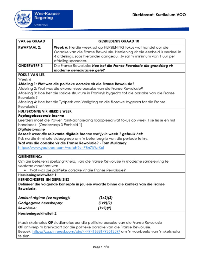 Geskiedenis Graad 10 Kwartaal 2 Week 6 - 2020 | PDF