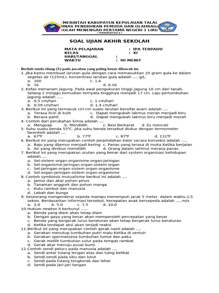 IPA Soal Ujian Akhir Semester 2022 | PDF