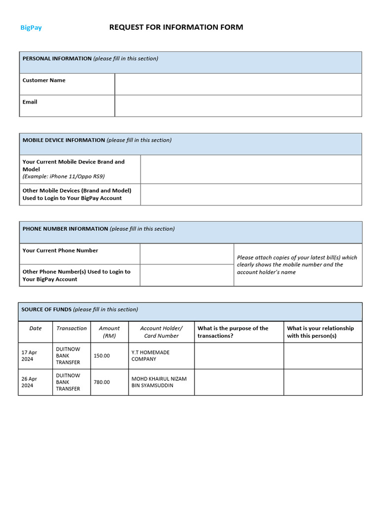 BigPay Information Request Form | PDF | Banking Technology | Payments