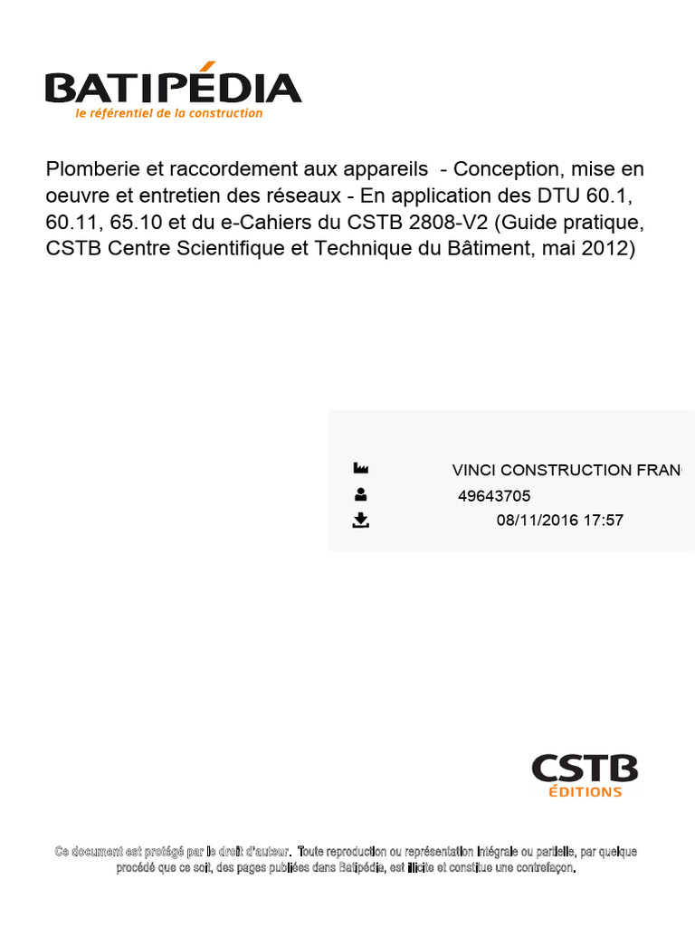 Plomberie Et Raccordement Aux Appareils - CSTB | PDF