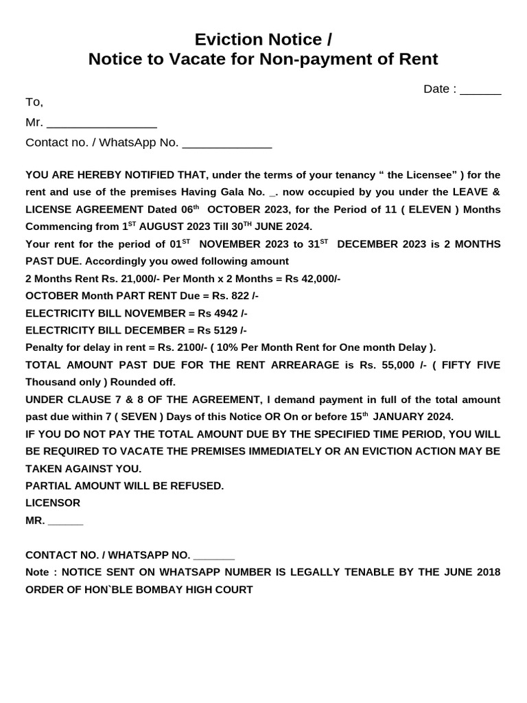 Notice of Eviction For Non Payment of Rent | PDF