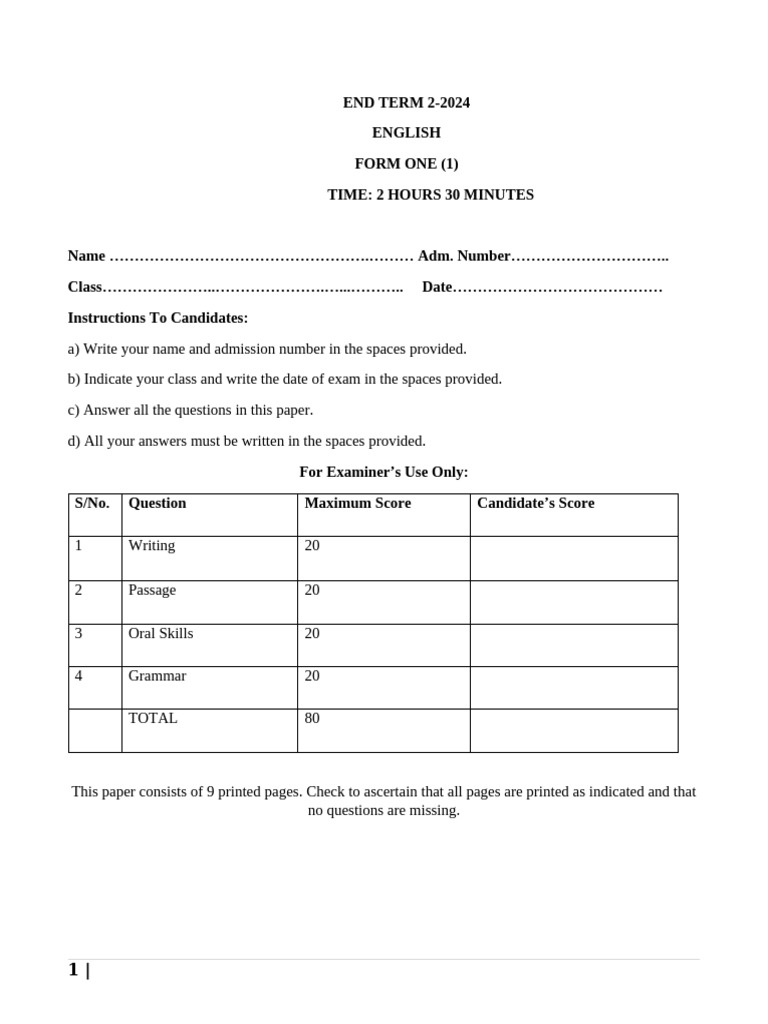 Form 1 English - Question Paper | PDF