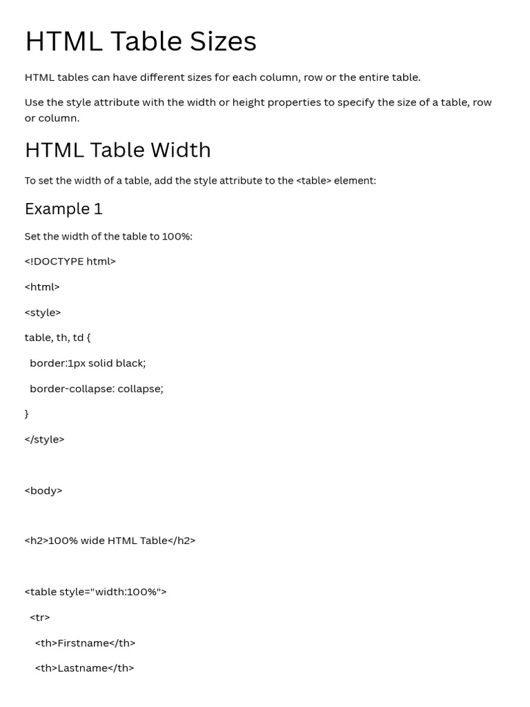 HTML Table-3 (Sizes) | PDF