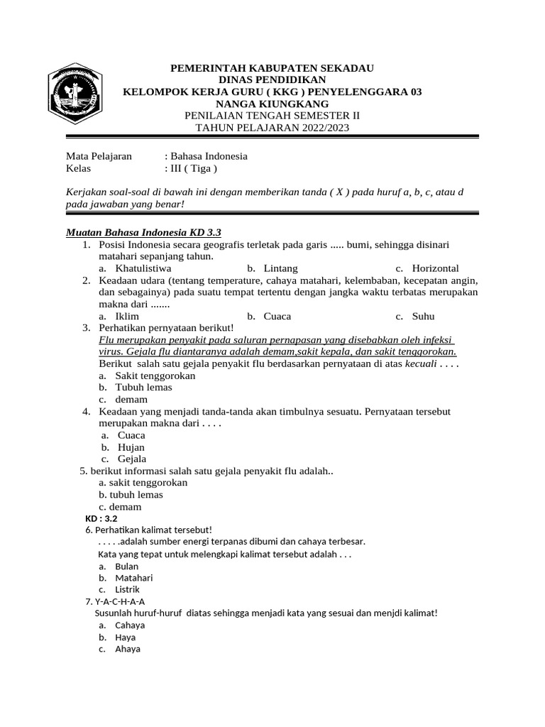 Bhs Indonesia MID Semester 2 Kls 3 | PDF