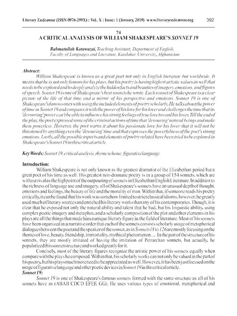2019 01 74 A Critical Analysis Of William Shakespeare S Sonnet 19 Pdf